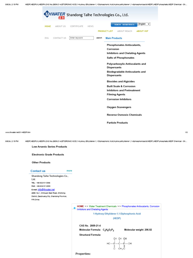 HEDP HEDP (A) HEDPA CAS No.2809-21-4 | PDF | Chlorine | Materials