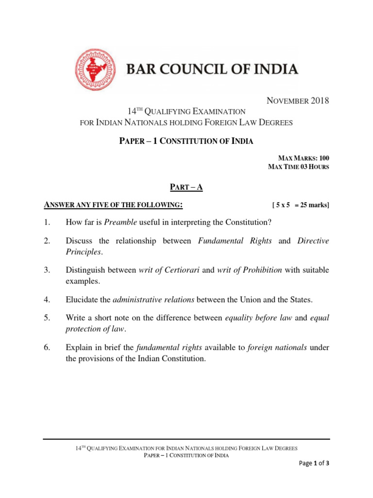 Paper 1 Constitution of India Dt. 12.11.2018 | PDF | Constitution | Justice