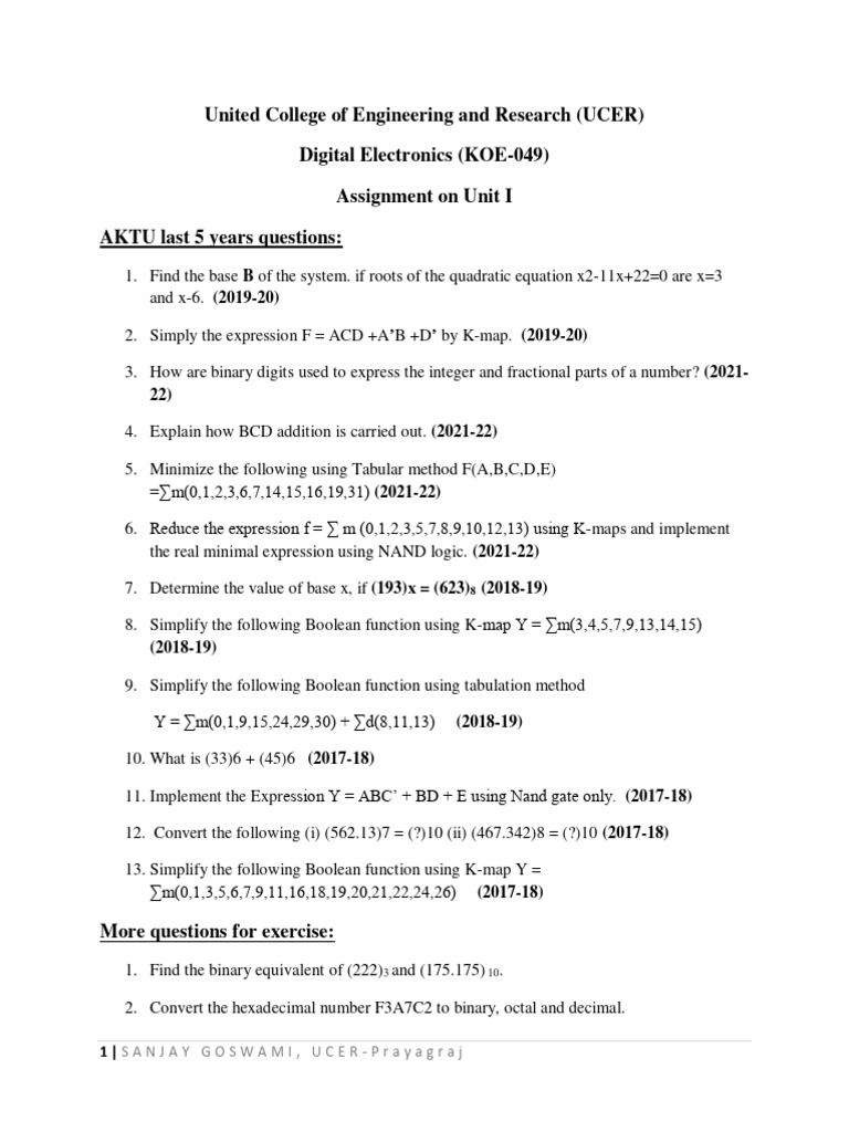Digital Ele Assignment Unit1 Goswami | PDF | Boolean Algebra | Teaching Mathematics
