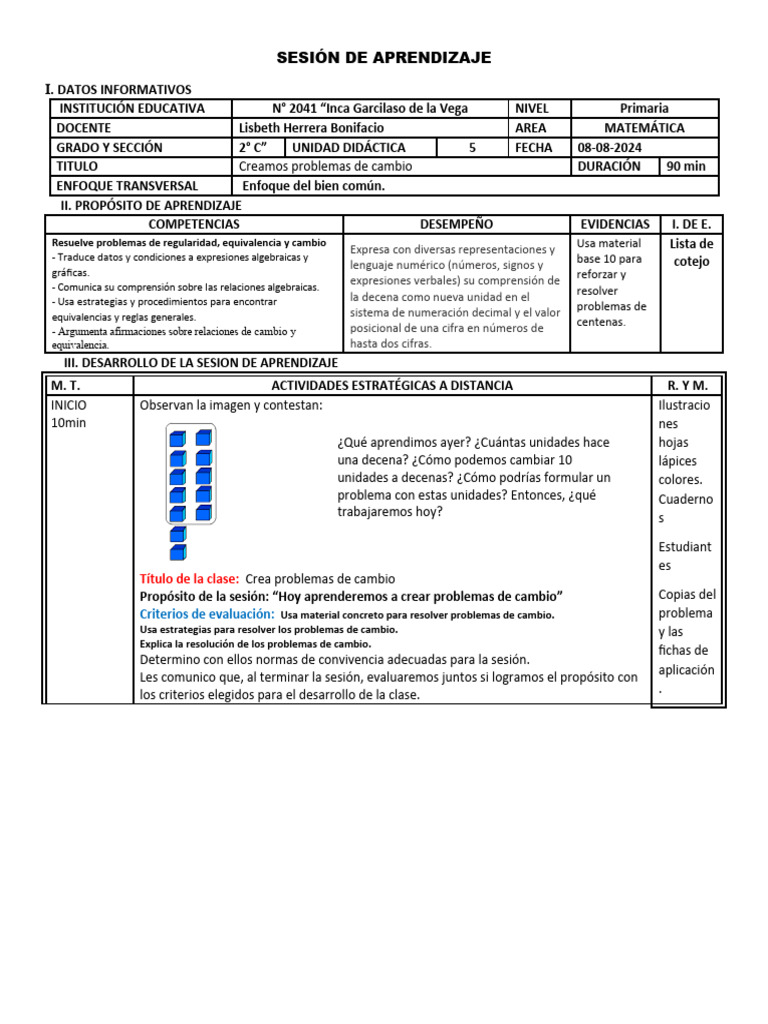 SESIÓN DE MATEMÁTICA 08-08-24 | PDF | Aprendizaje | Cognición