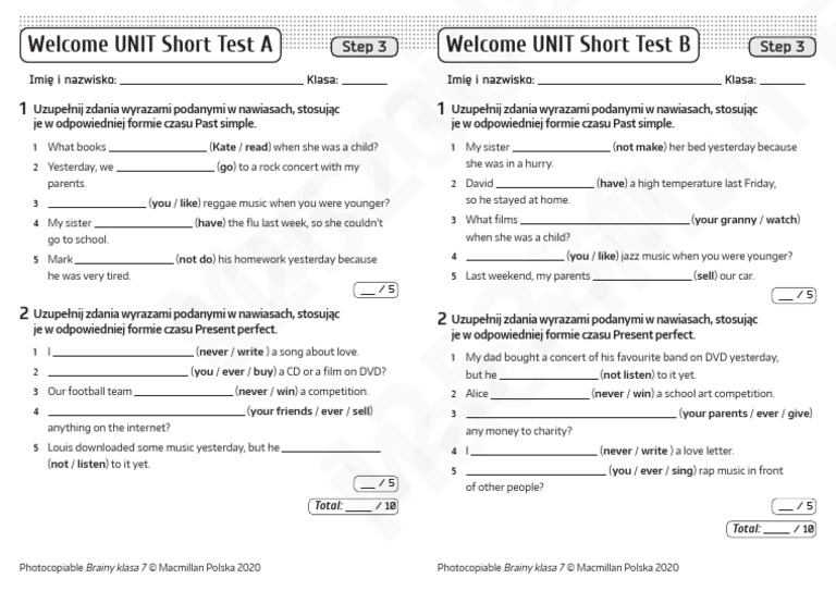 Brainy Kl7 Short Tests Welcome Unit Step 3 | PDF