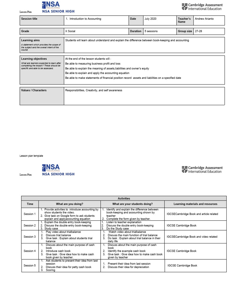 LP Accounting Grade X Session 1 | PDF | Balance Sheet | Lesson Plan