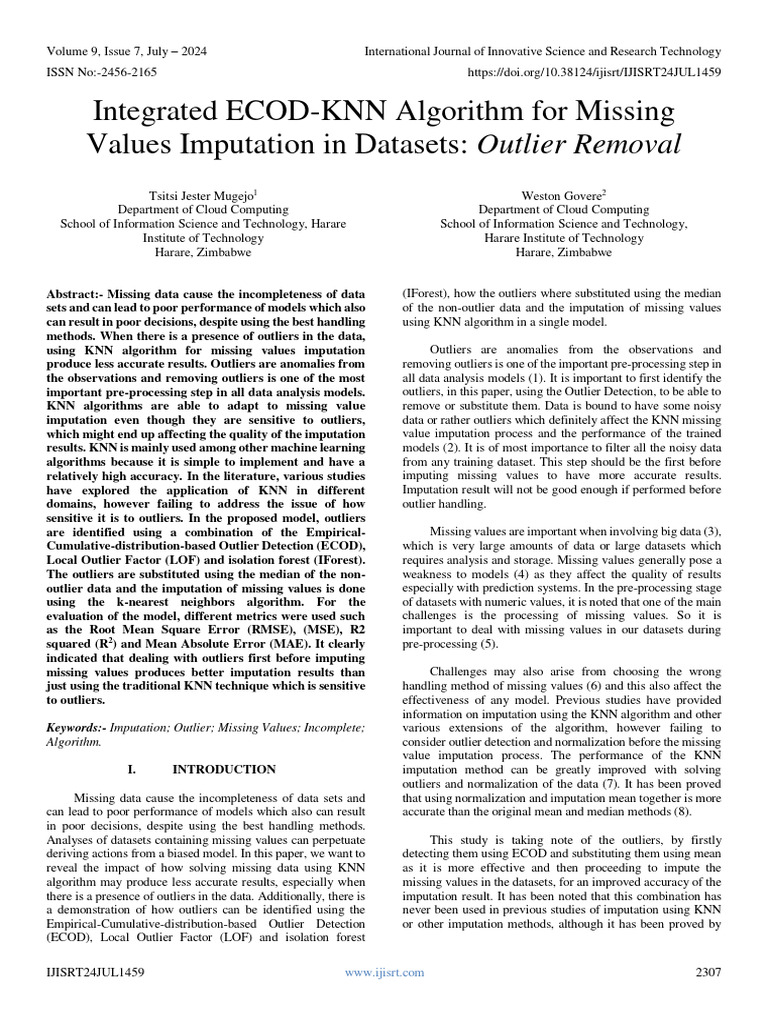 Integrated Ecod Knn Algorithm For Missing Values Imputation In Datasets