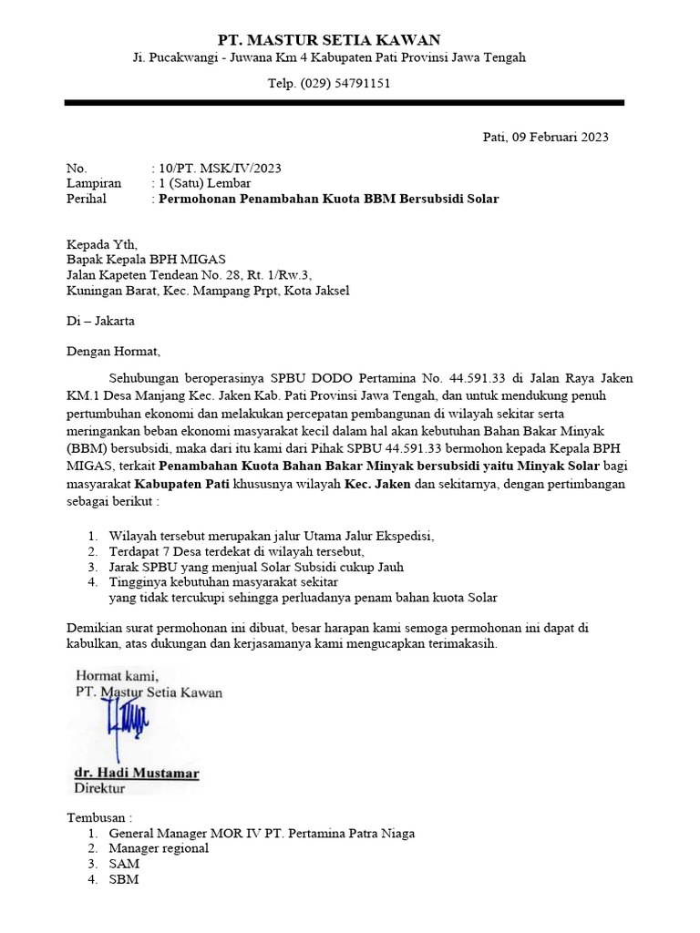 Surat Permohonan Penambahan Kuota BBM Subsidi Solar | PDF | Teknologi ...