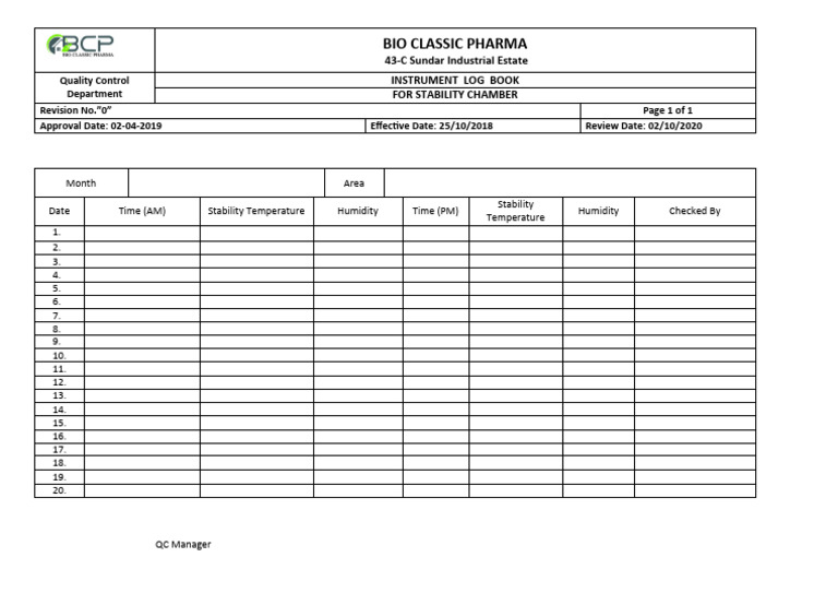 Stability Chamber Log Book Format | PDF