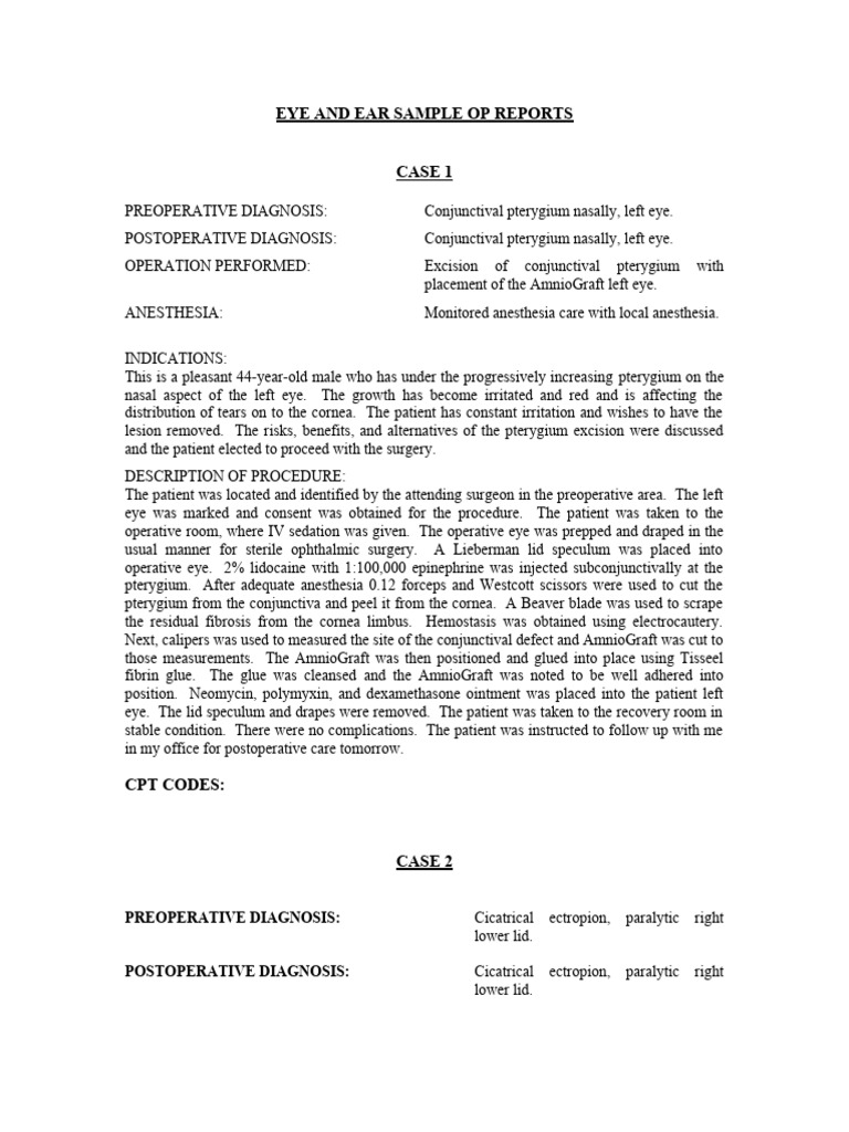 Eye and Ear Sample Op Reports | PDF | Ophthalmology | Human Eye