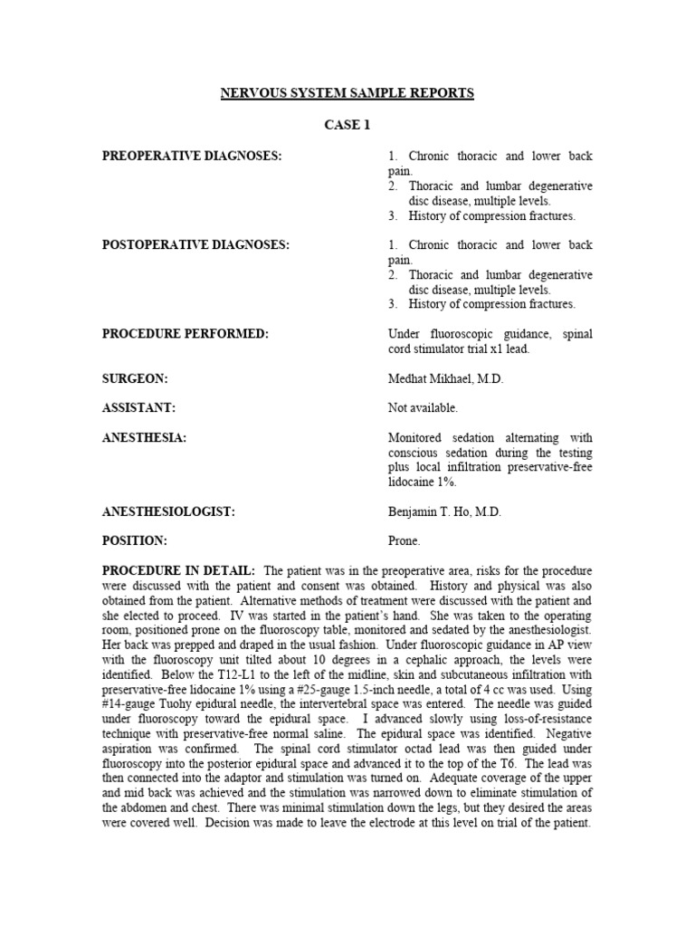 NERVOUS SYSTEM SAMPLE REPORTS(1) | PDF | Surgery | Anesthesia