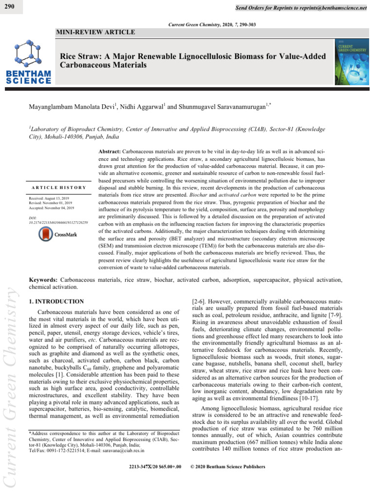 Devi - Biochar From Rice Straw - 2020 | PDF | Pyrolysis | Cellulose