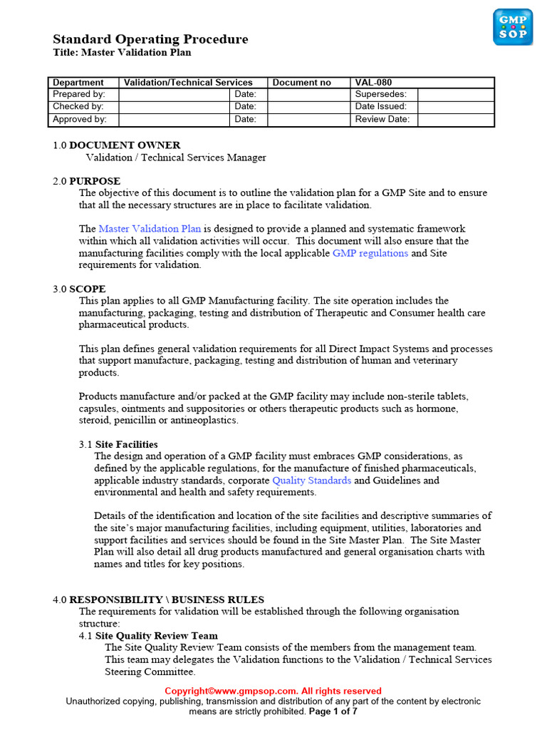 VAL 080 Validation Master Plan Sample | PDF | Verification And Validation