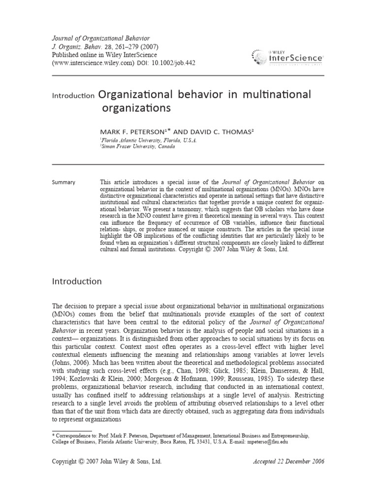 J Organ Behavior - 2007 - Peterson - Organizational Behavior in ...