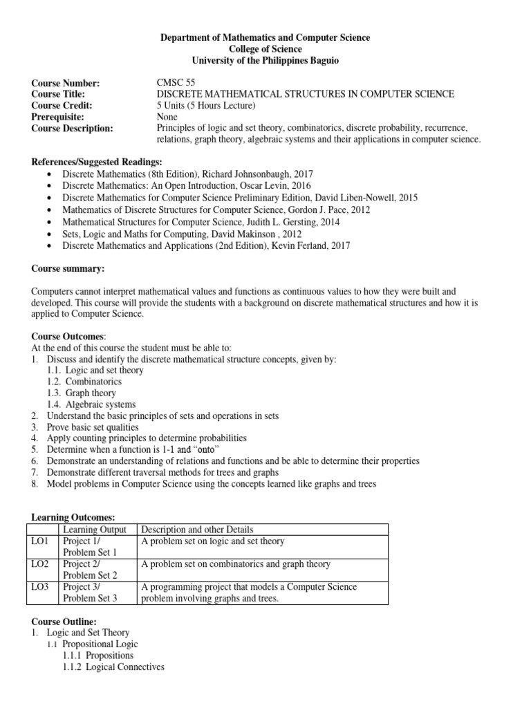 cmsc55 Syllabus | PDF | Discrete Mathematics | Combinatorics