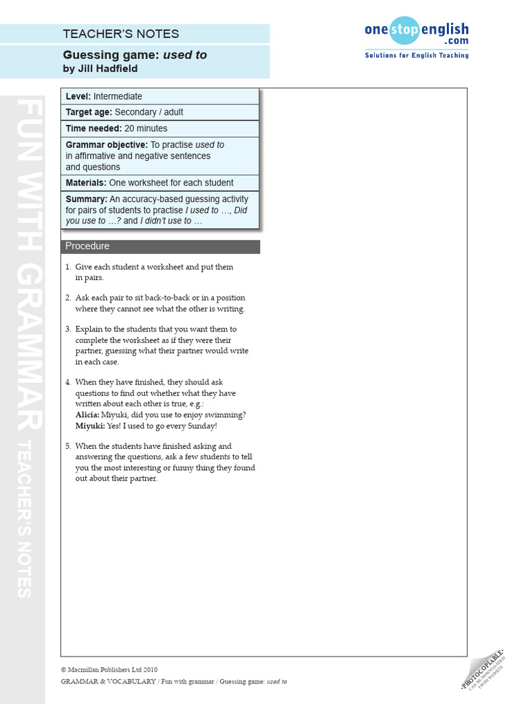 Used To - Guessing Game | PDF | Linguistics | Grammar