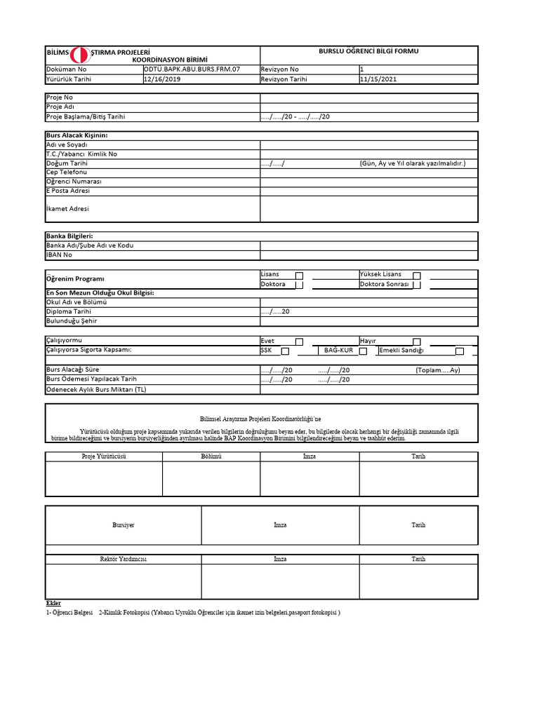 Odtu - Bapk.abu - Form.07 Burslu Ogrenci Bilgi Formu | PDF