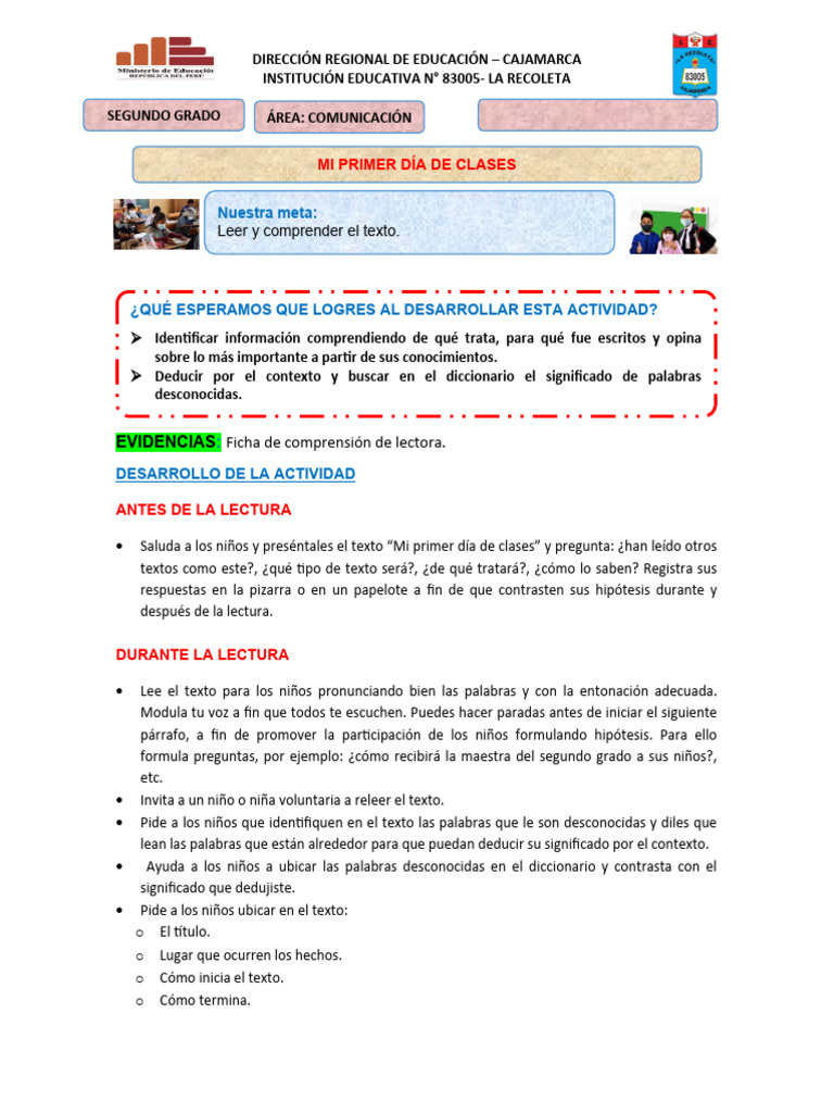 Comprensión de Lectura - Mi Primer Dia de Clases | PDF | Crecimiento ...