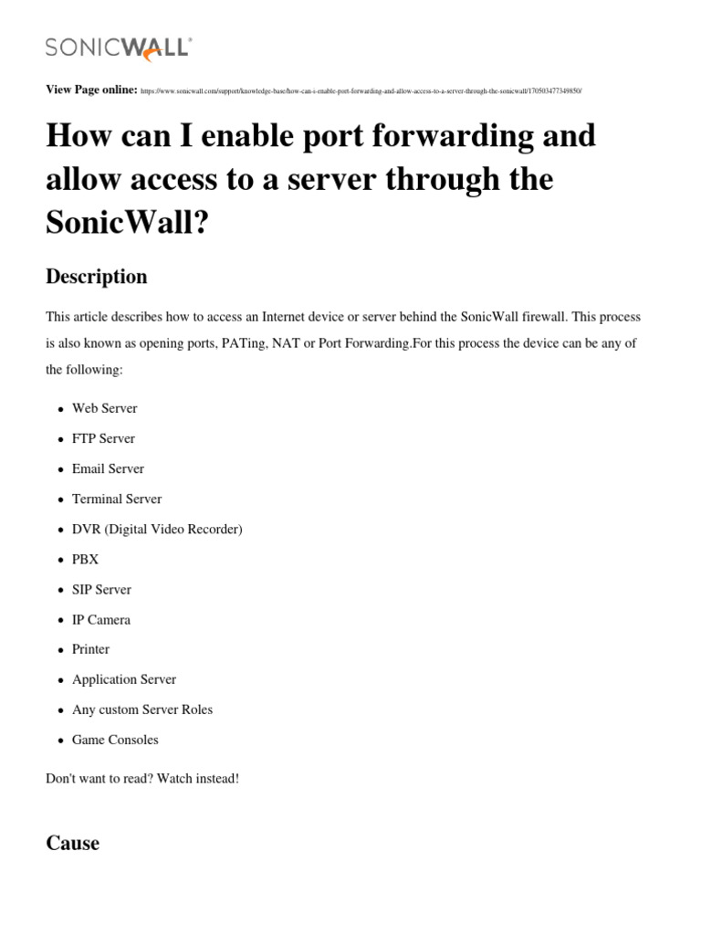 How Can I Enable Port Forwarding And Allow Access To A Server Through The Sonicwall Pdf Port