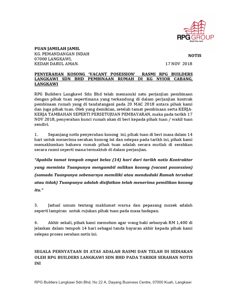 Contoh Notis Penyerahan Kosong Bangunan Puan Jamilah Jamil Pemandangan ...