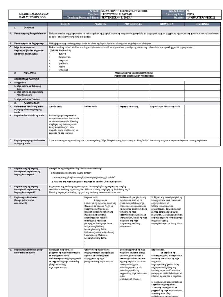 DLL - Esp 5 - Q1 - W2 | PDF
