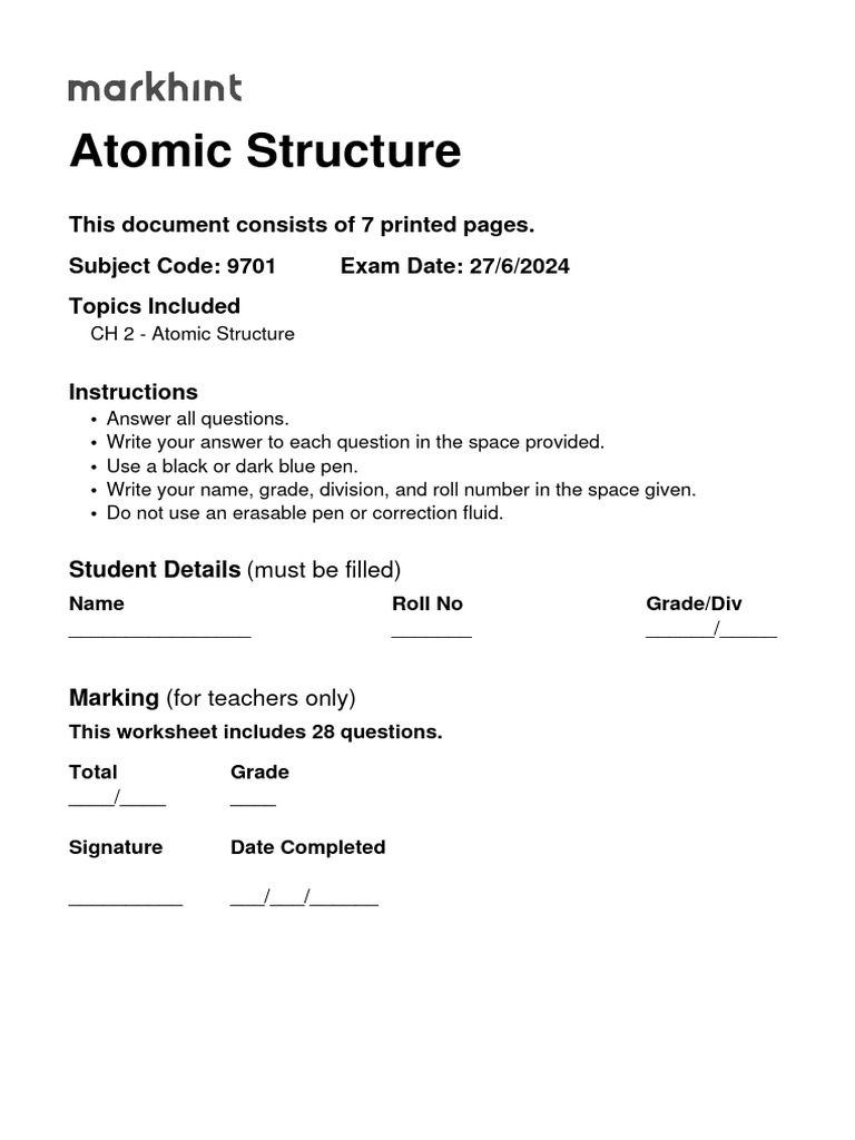 Atomic Structure p1 qs | PDF