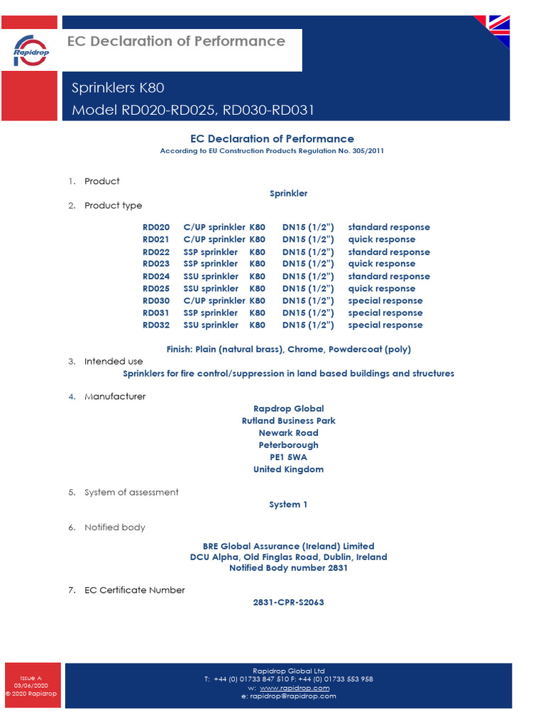 Declaration of Performance - Sprinklers (RD020-RD025 RD030-RD032) | PDF ...