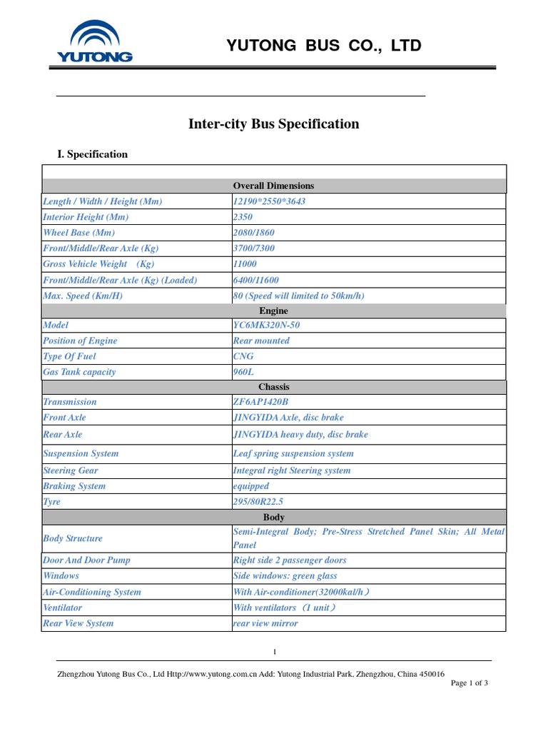 Inter-City Bus Specification (12M) - CNG YUTONG | PDF | Bus | Axle