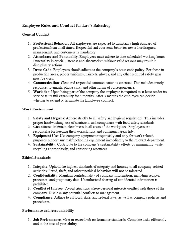 Employee Rules and Conduct For Lav's Bakeshop | PDF | Labour Law ...