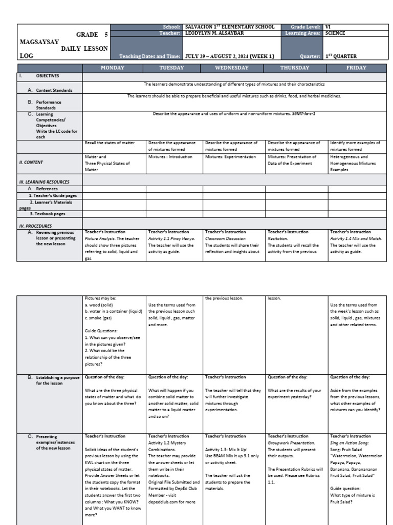 DLL - Science 6 - Q1 - W1 | PDF | Mixture | Homogeneity And Heterogeneity
