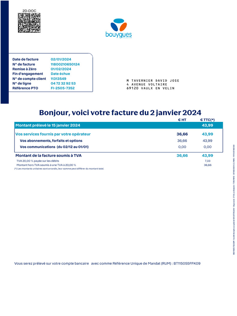 Facture Bouygues Telecom - Janvier 2024 | PDF | Taxe sur la valeur ...