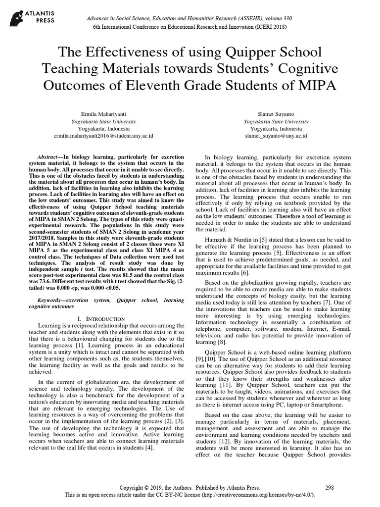 The Effectiveness of Using Quipper School Teaching Materials Towards Students Cognitive Outcomes ...