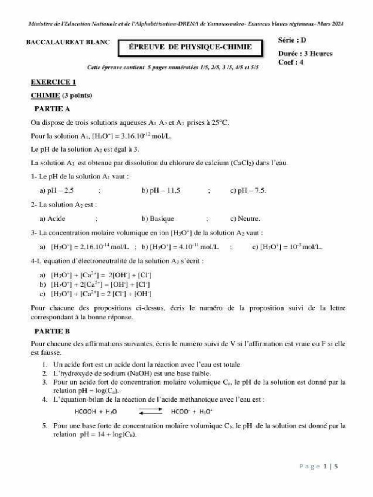 Sujetcorrige de Physique Chimie Du BAC 1 | PDF