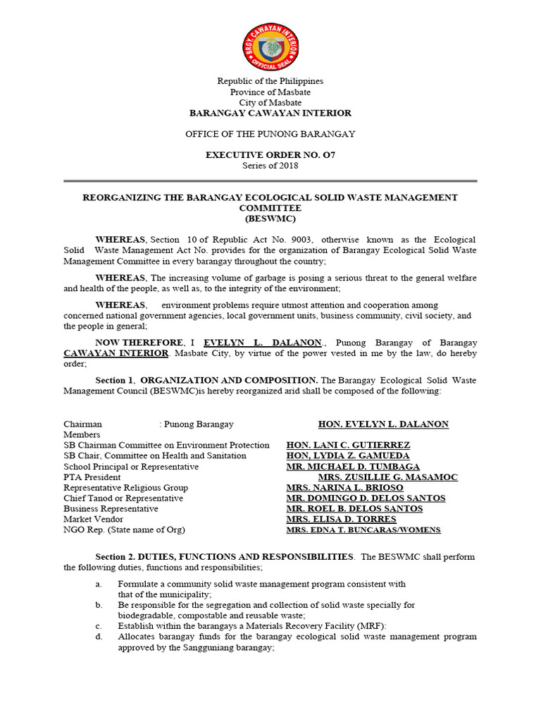 Reorganization of Barangay Waste Committee | PDF | Waste Management ...