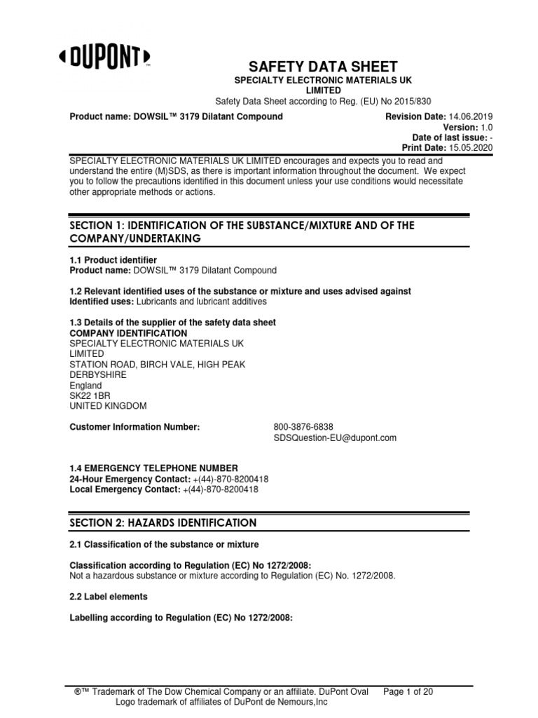 Dupont 3179 Dilatant Compound SDS | PDF | Dangerous Goods | Polyvinyl ...