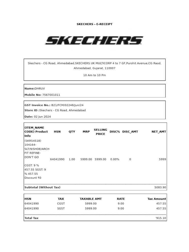 Skechers Receipt 123459073351 | PDF | Taxes | Private Law