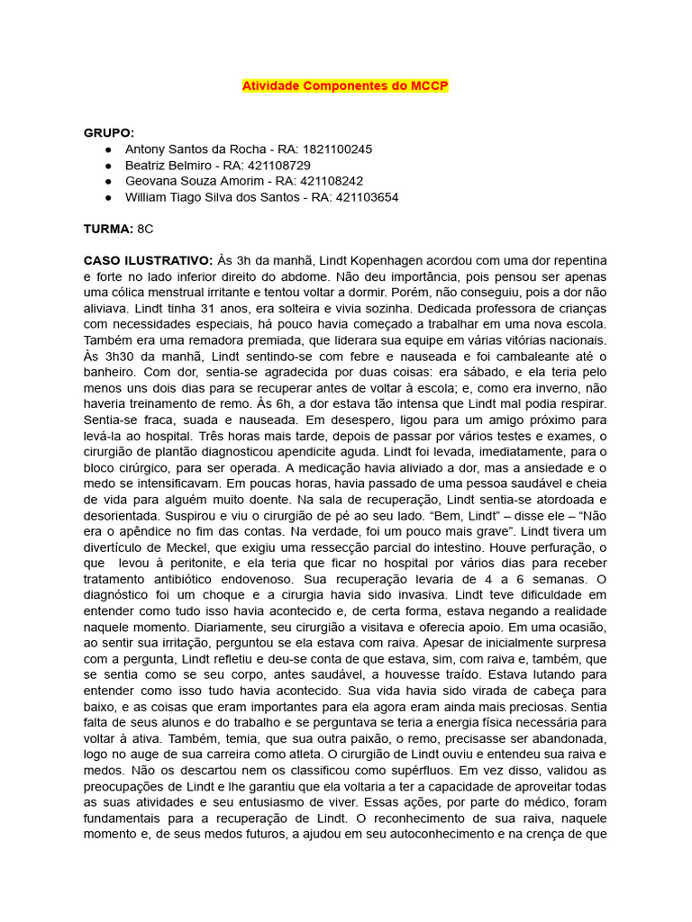 Componentes do MCCP na Saúde de Lindt | PDF | Dor | Vida