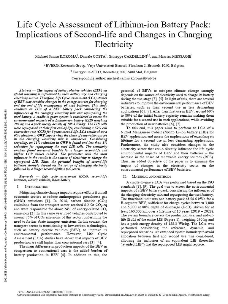 LCA of Lithium-ion Battery Second-life | PDF | Life Cycle Assessment ...