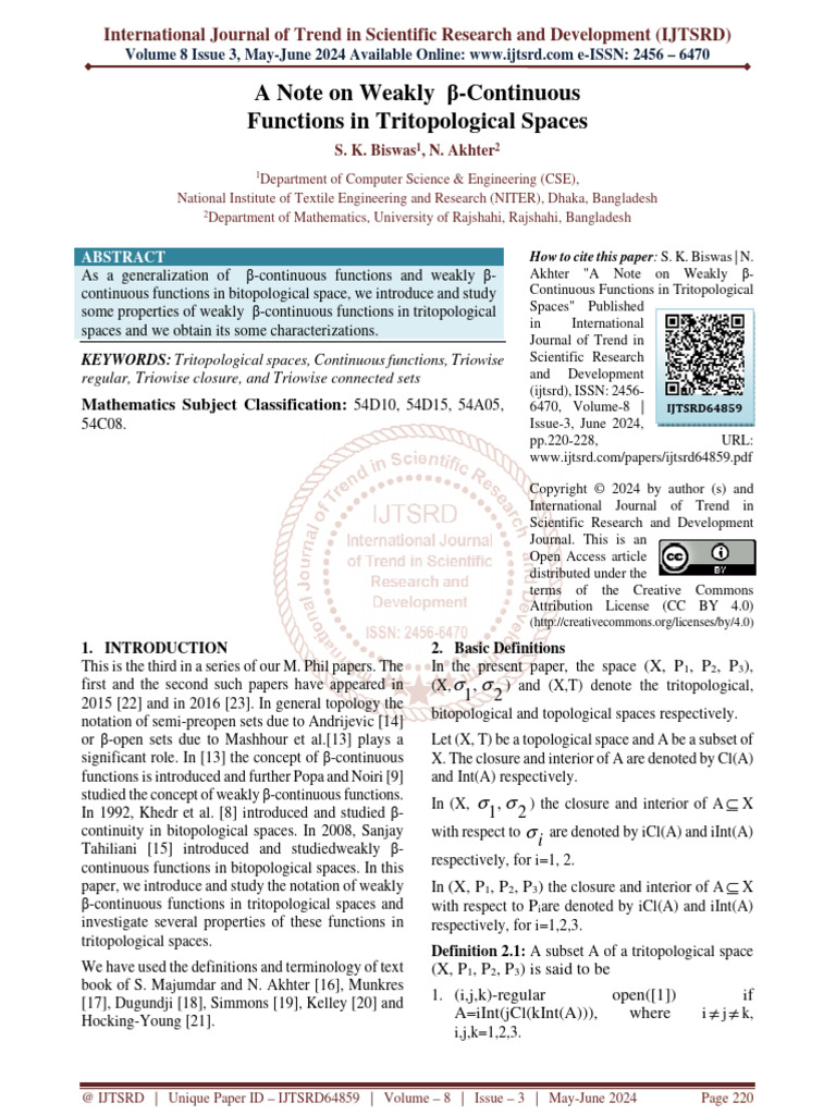 A Note On Weakly β Continuous Functions In Tritopological Spaces Pdf Continuous Function