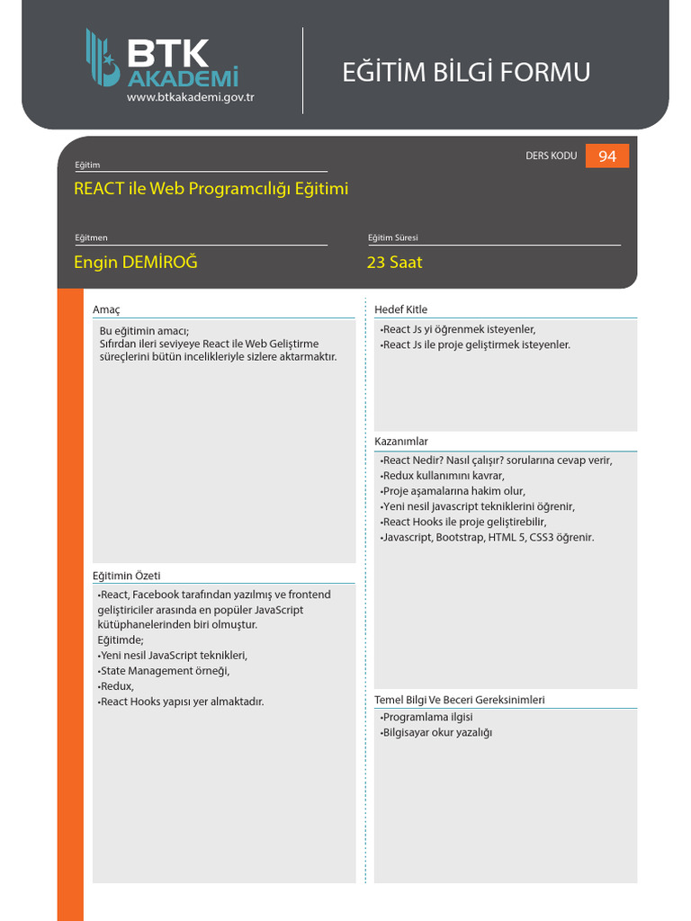 React Ile Web Programciligi Egitim Bilgi Formu | PDF