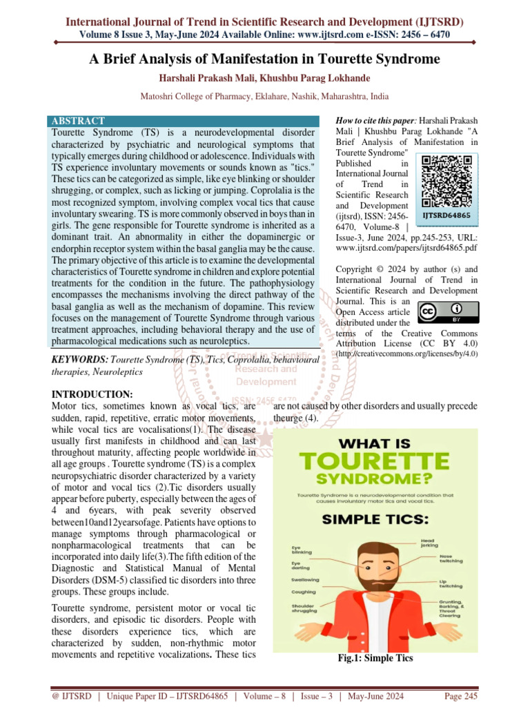 A Brief Analysis of Manifestation in Tourette Syndrome | PDF | Tourette Syndrome | Mental Disorder