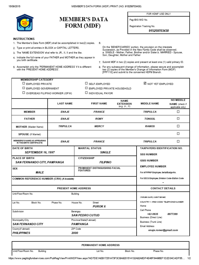 Member's Data Form (MDF) Print (No | PDF | Government Member's Data Form (MDF) Print (No | PDF | Government