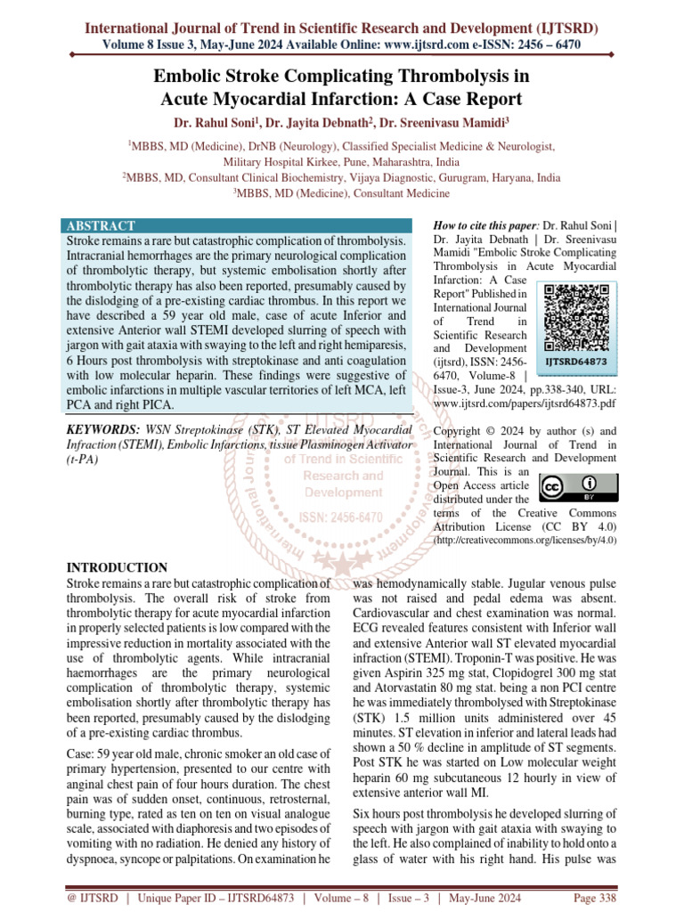 Embolic Stroke Complicating Thrombolysis in Acute Myocardial Infarction ...