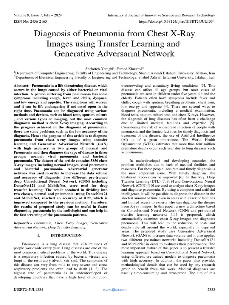 Diagnosis of Pneumonia from Chest X-Ray Images using Transfer Learning and Generative ...