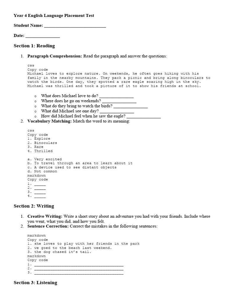 Year 4 English Placement Test Guide | PDF | Vocabulary | Human ...