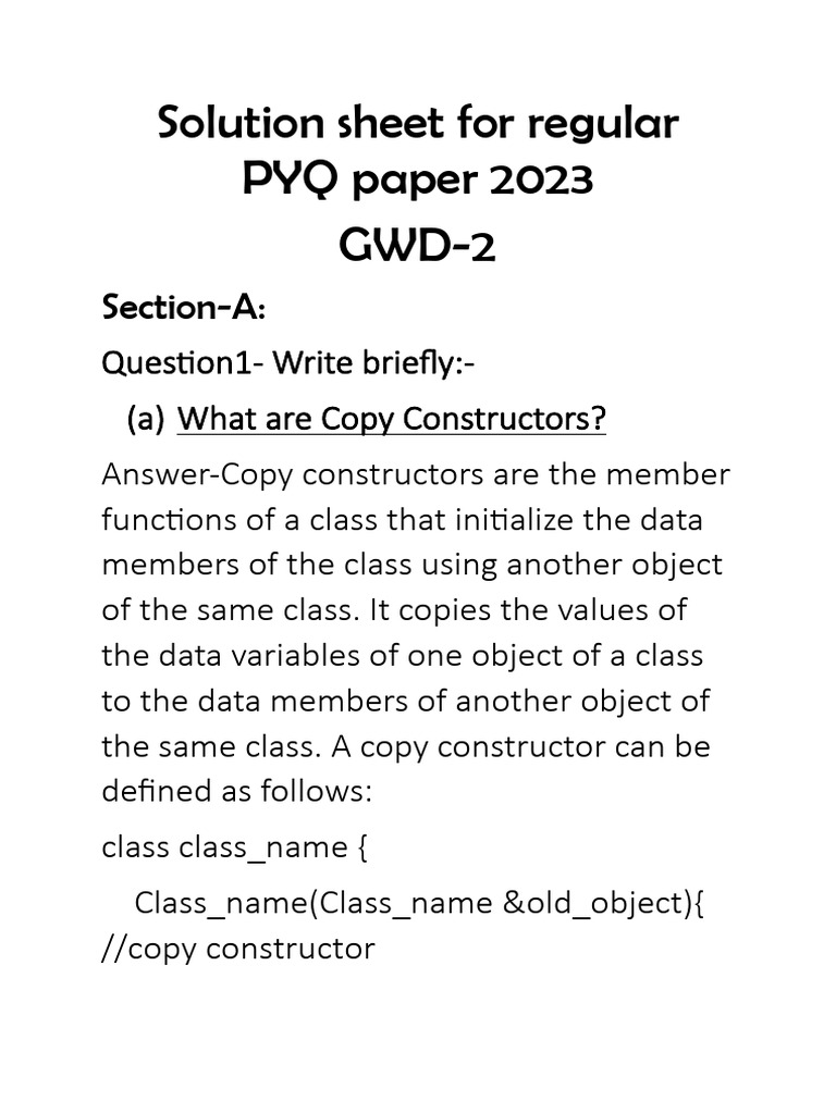 Solution Sheet For Regular PYQ Paper 2023 | PDF | Programming | Constructor (Object Oriented ...
