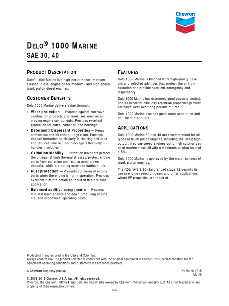 Delo 1000 Marine 40 Technical Datasheet | PDF | Materials | Applied And Interdisciplinary Physics