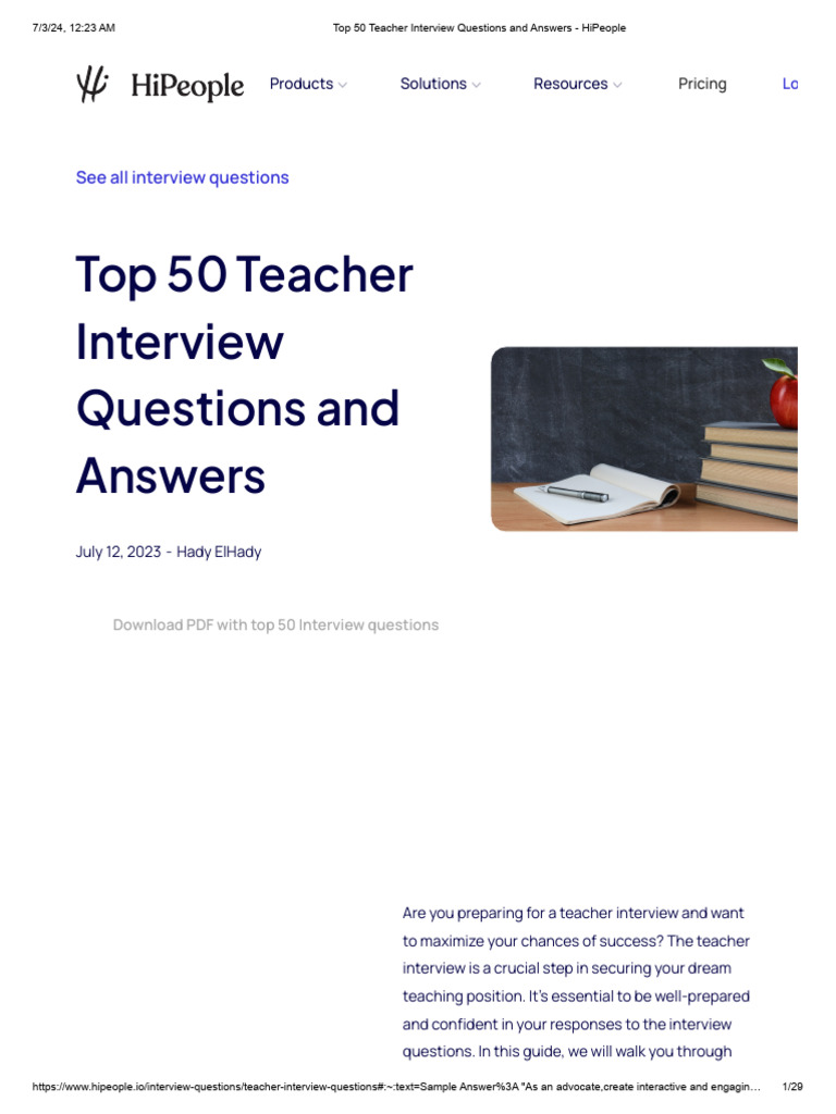 Top 50 Teacher Interview Questions and Answers - HiPeople | PDF ...