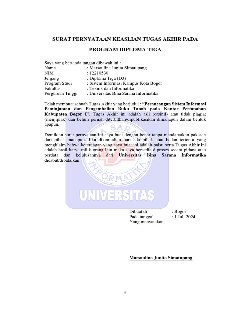 SURAT PERNYATAAN KEASLIAN TUGAS AKHIR PADA | PDF