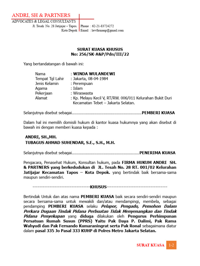 Surat Kuasa Pelapor Pidana Bu Winda | PDF