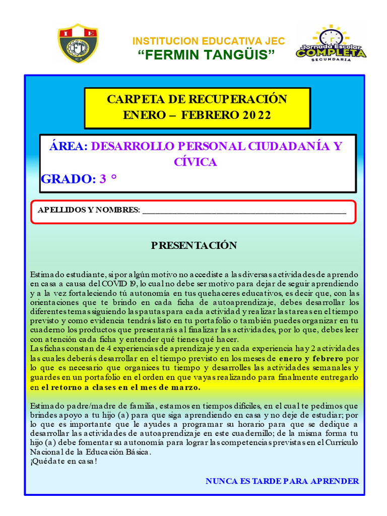 CARPETA DE RECUPERACION DPCC 3ro | PDF | Las emociones | Autoestima
