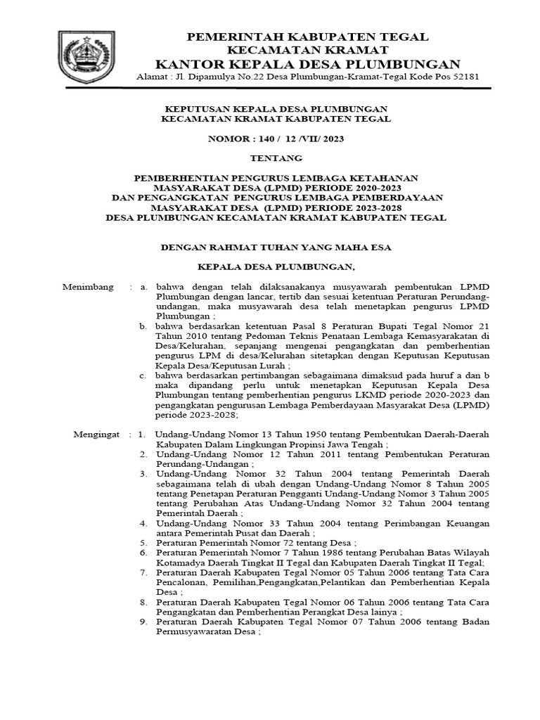 Pemberhentian dan Pengangkatan LPMD Tegal | PDF | Griya & Taman