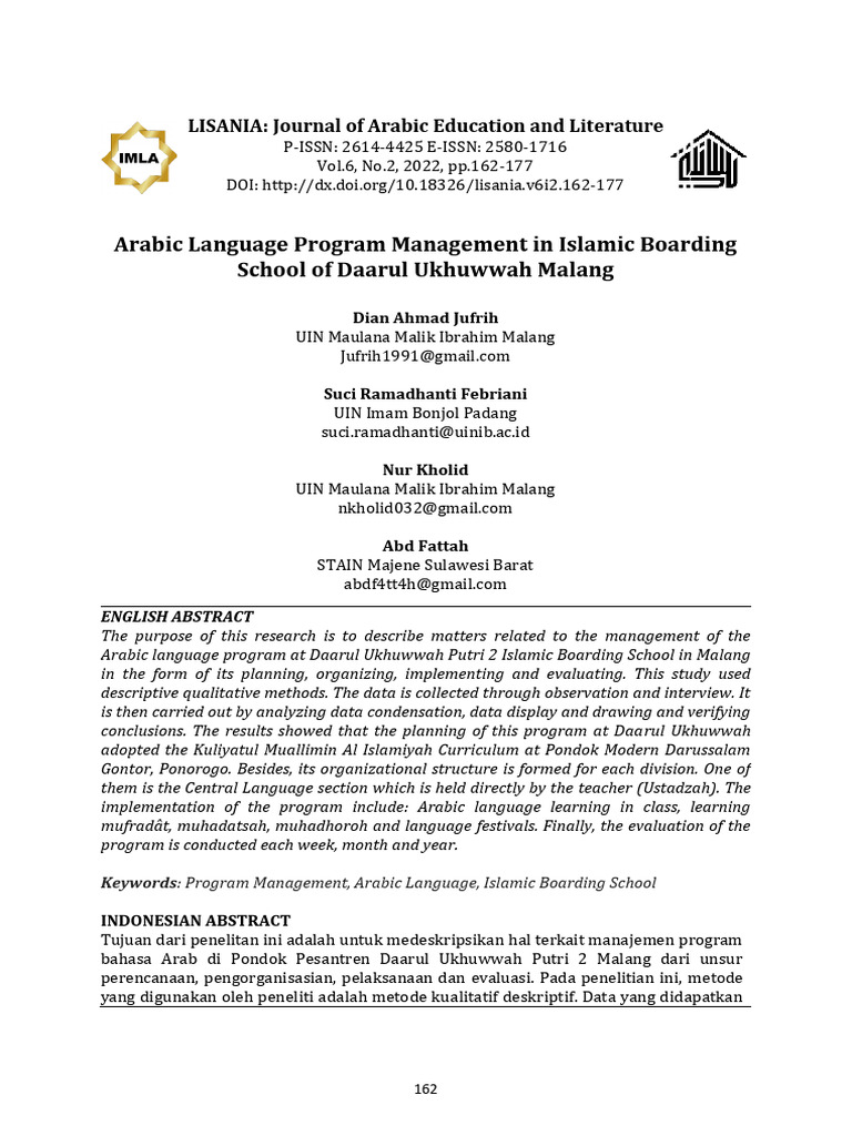Arabic Language Program Management in Islamic Boarding School of Daarul Ukhuwwah Malang | PDF ...