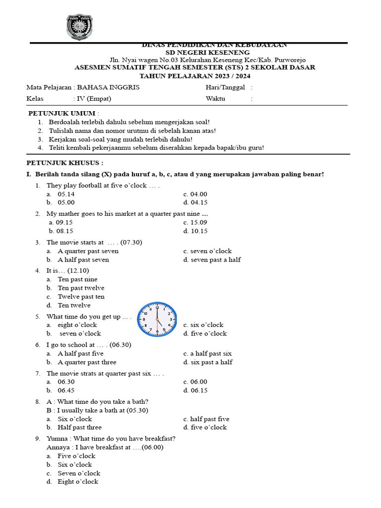 Soal PTS 2 Bahasa Inggris Kelas Iv 2022-2023 | PDF